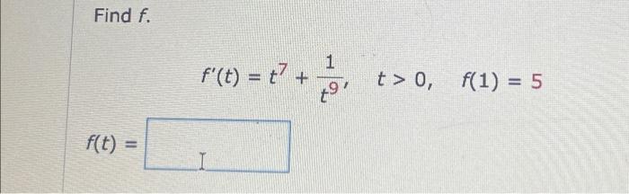 Solved Find f. f(t)= 1 f'(t) = t² + = 5₁ +9 I t> 0, f(1) = 5 | Chegg.com