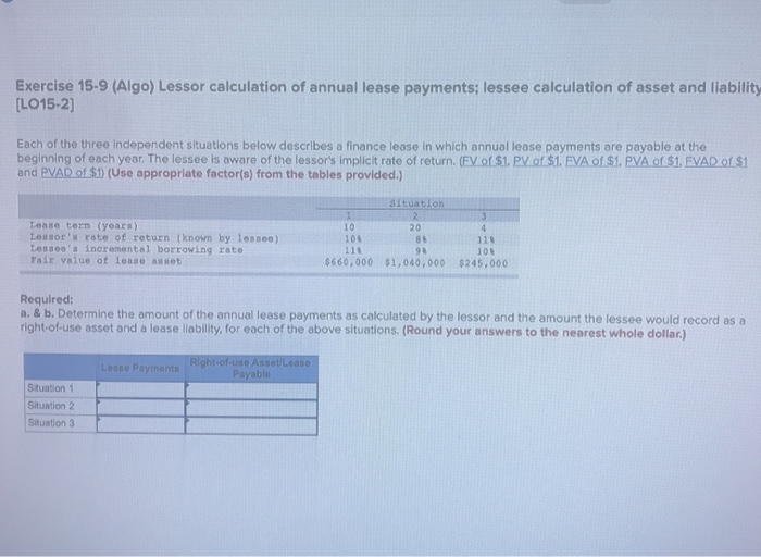 Exercise 15-9 (Algo) Lessor calculation of annual | Chegg.com