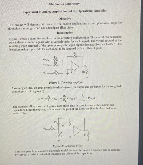 Solved Electronics Laboratory Experiment 4: Analog | Chegg.com