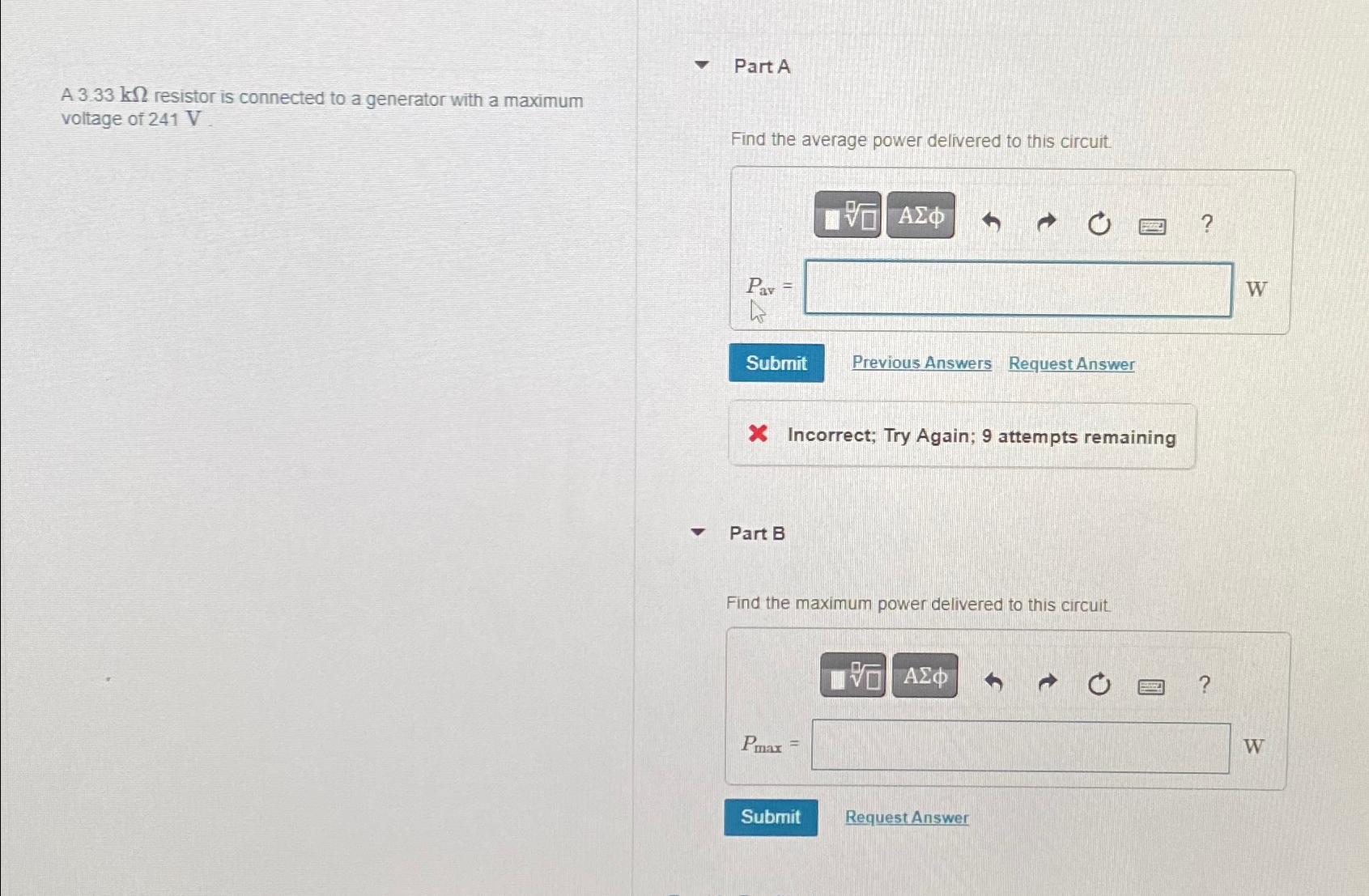 Solved Part AA 3.33kΩ ﻿resistor is connected to a generator | Chegg.com