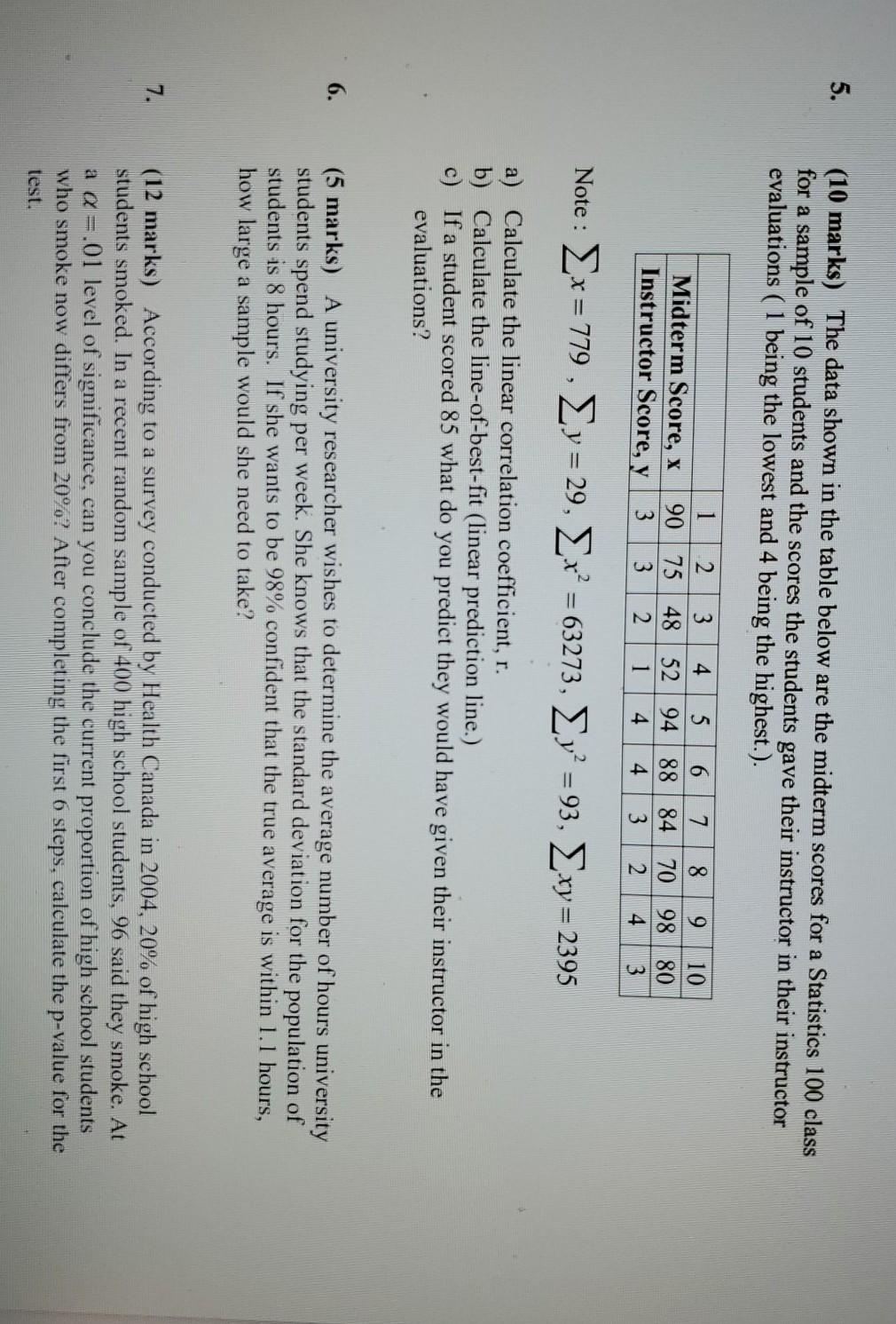 Solved 5. (10 marks) The data shown in the table below are | Chegg.com