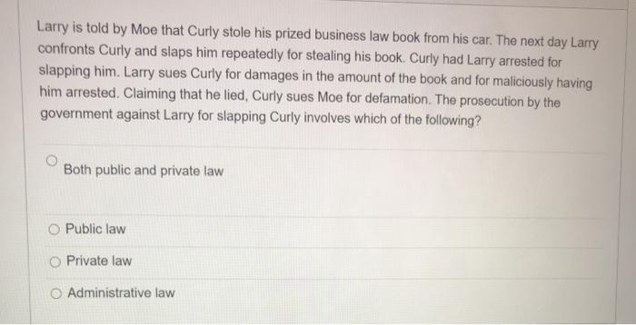 Solved Larry is told by Moe that Curly stole his prized | Chegg.com