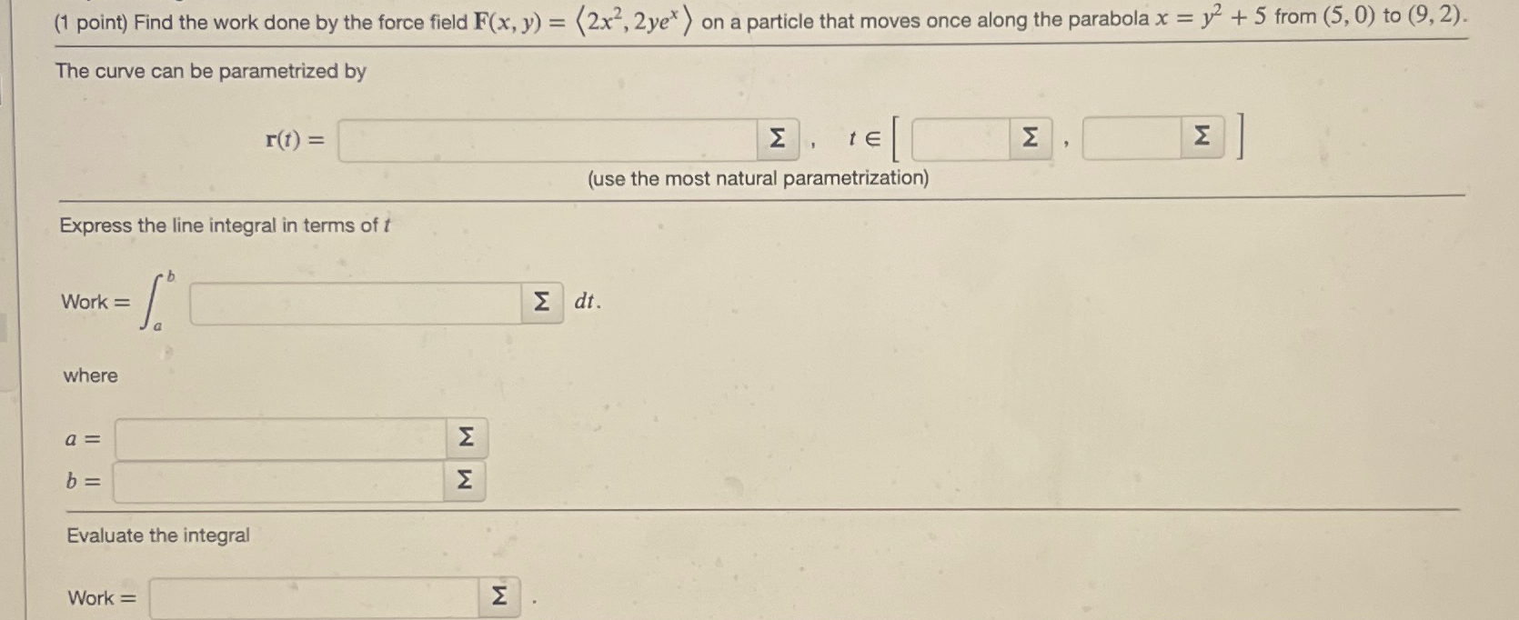 Solved (1 ﻿point) ﻿Find the work done by the force field | Chegg.com