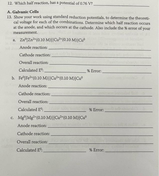 Solved A. Galvanic Cells Below is the notation for each cell | Chegg.com