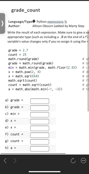 grade_count Language/Type Python expressions % Author: Allison Obourn ...