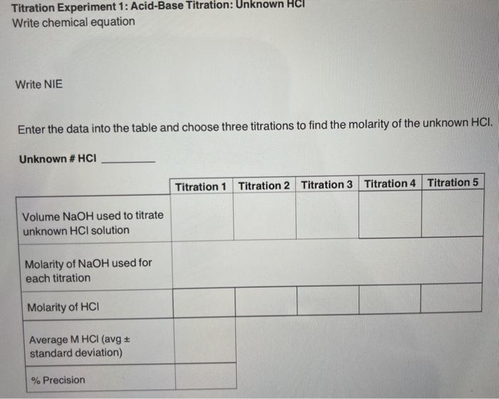 Titration Experiment 1: Acid-Base Titration: Unknown | Chegg.com