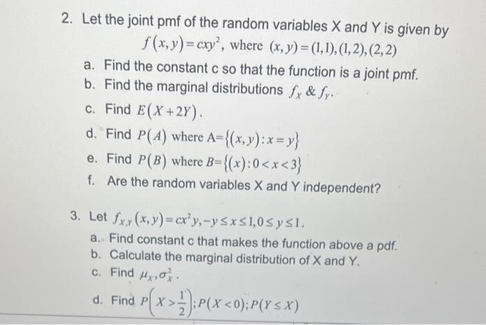 Solved 2. Let the joint pmf of the random variables X and Y | Chegg.com