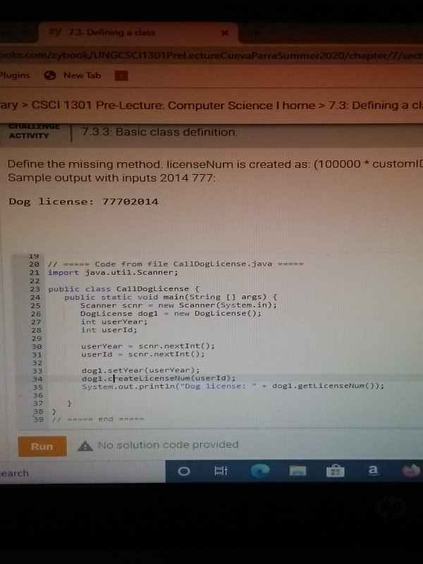 Solved 73. Defining a dass ooks.com/zybook/UNGCSC11301 | Chegg.com
