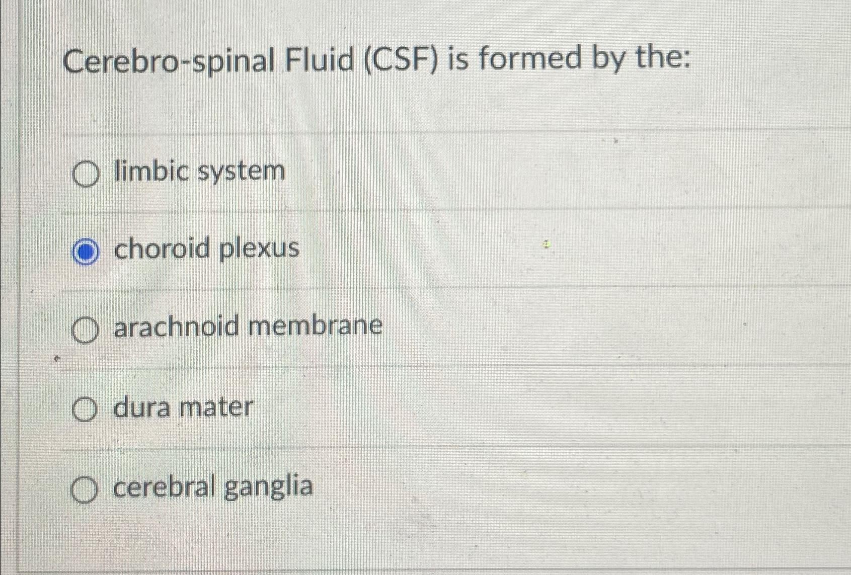 Solved Cerebro-spinal Fluid (CSF) ﻿is formed by the:limbic | Chegg.com