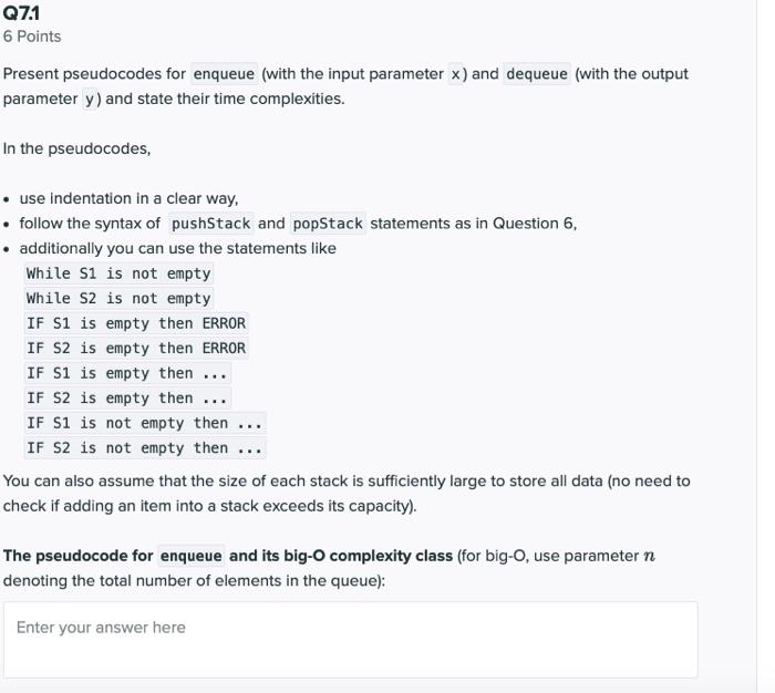 Solved Q71 6 Points Present pseudocodes for enqueue (with | Chegg.com