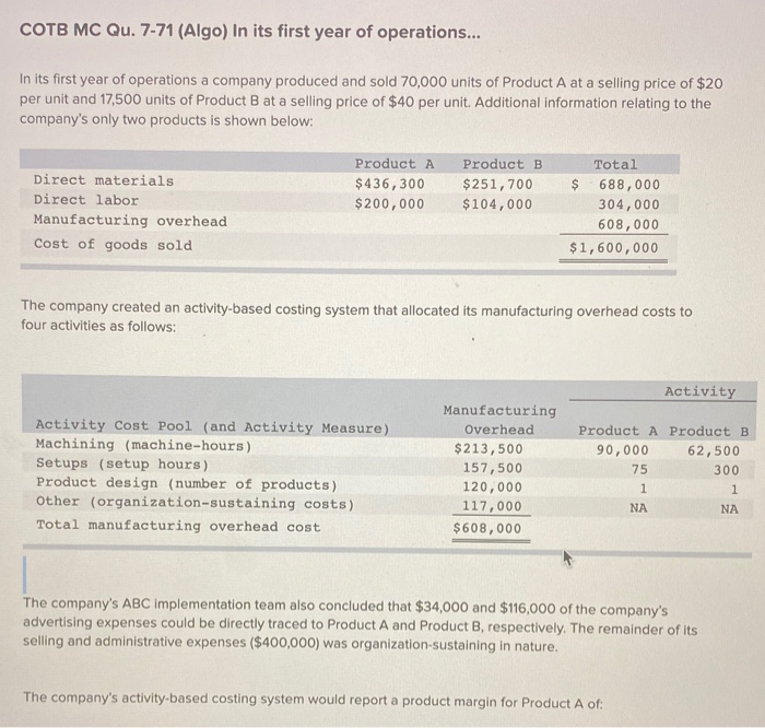 Solved COTB MC Qu. 7-71 (Algo) In its first year of | Chegg.com