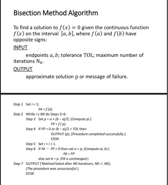 Solved Bisection Method Algorithm To find a solution to f(x) | Chegg.com