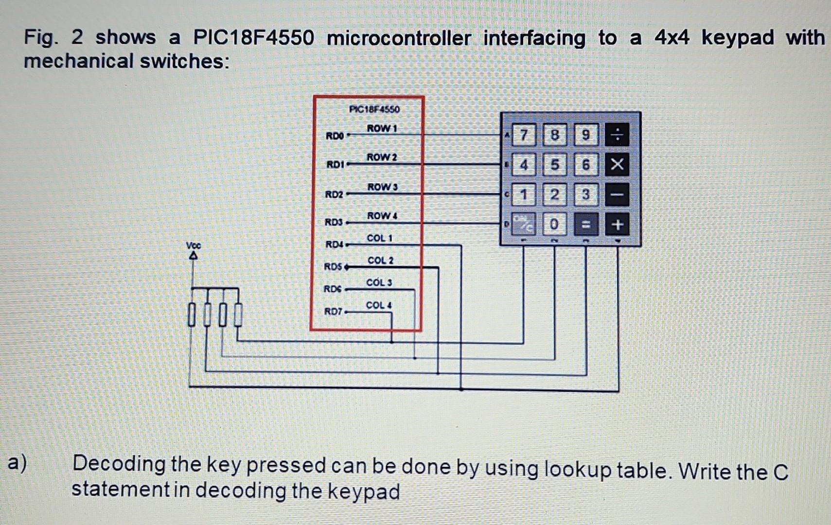 Solved Fig. 2 shows a PIC18F4550 microcontroller interfacing | Chegg.com