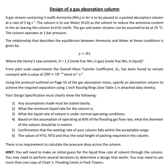 Design of a gas absorption column A gas stream | Chegg.com