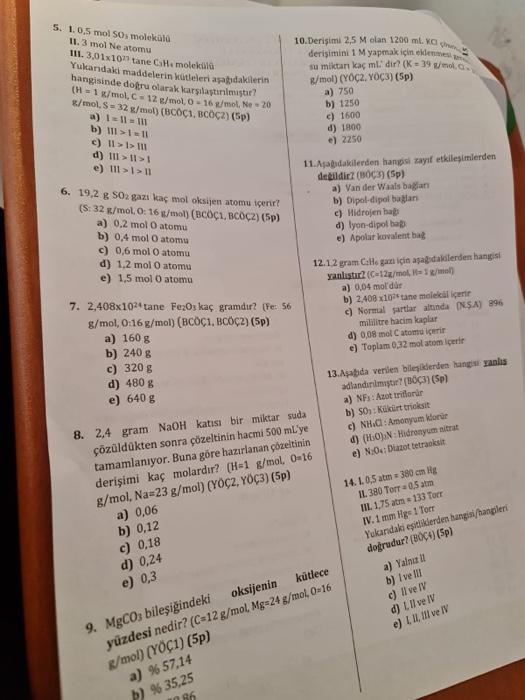 5. 1,0,5 mol 50 i molekale II. 3 inol Ne asorna | Chegg.com