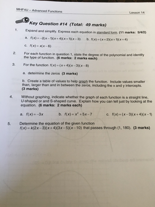 Solved MHF4U - Advanced Functions Lesson 14 1. 2. Key | Chegg.com