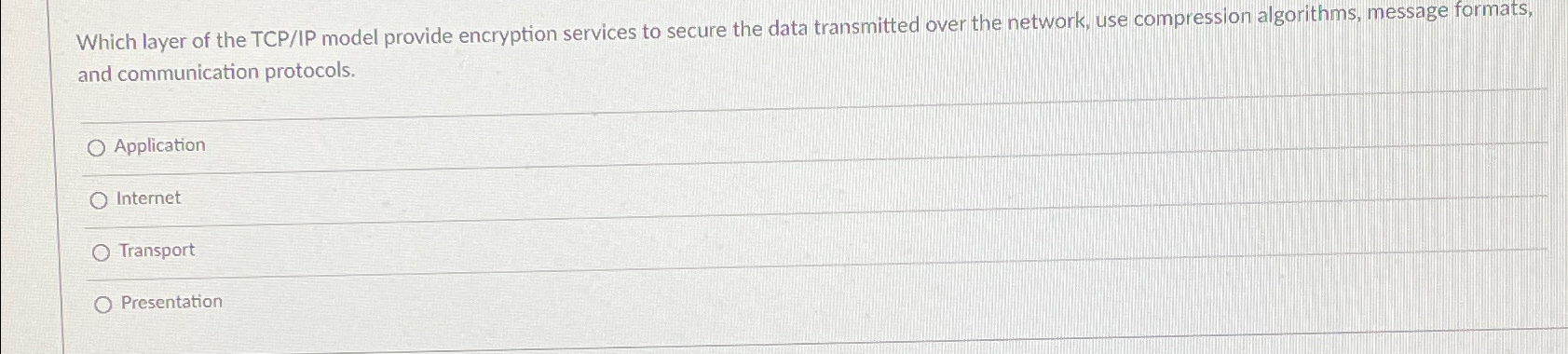 Solved Which layer of the TCP/IP model provide encryption | Chegg.com