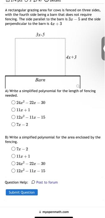 Solved A rectangular grazing area for cows is fenced on | Chegg.com