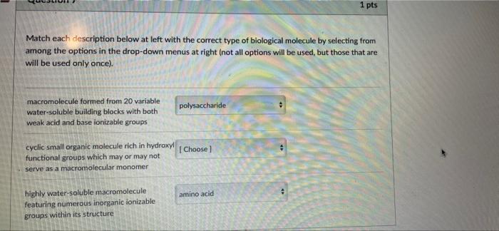 Solved 1 pts Match each description below at left with the | Chegg.com