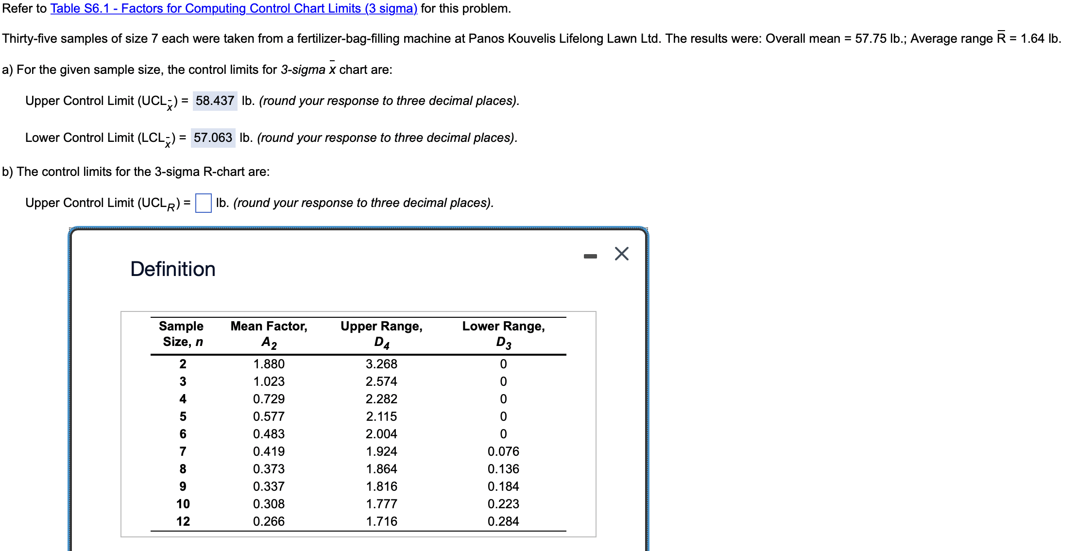 Solved Q1P2 ﻿b) ﻿The control limits for the 3-sigma R-chart | Chegg.com