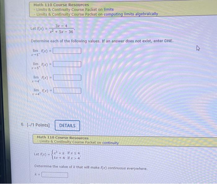 Solved Math 110 Course Resources - Limits \& Continuity | Chegg.com