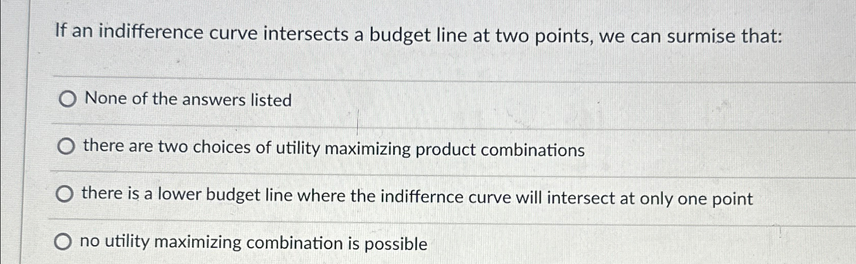 Solved If an indifference curve intersects a budget line at | Chegg.com