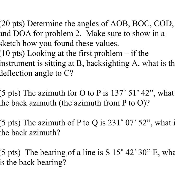 Solved (20 pts) Determine the angles of AOB, BOC, COD, and | Chegg.com