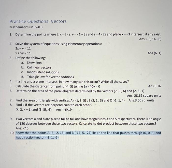 Solved Practice Questions: Vectors Mathematics (MCV4U) 1. | Chegg.com