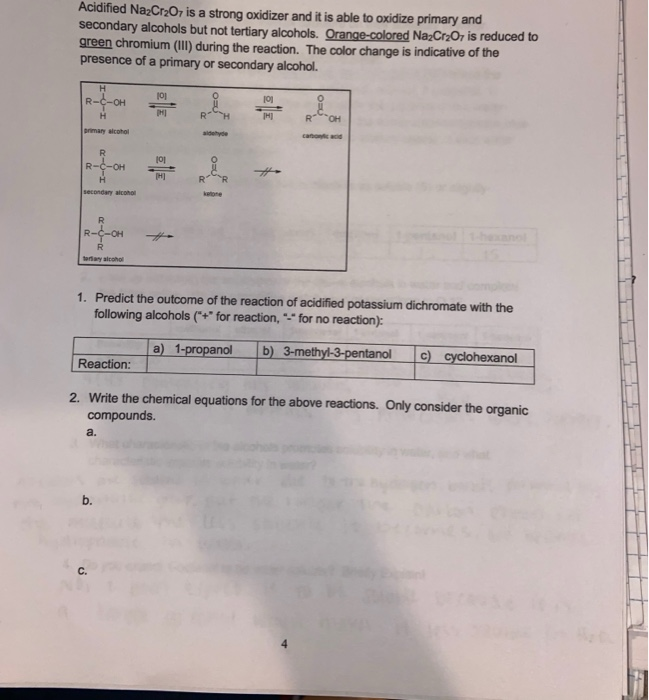 Solved Acidified Na2Cr2O7 is a strong oxidizer and it is | Chegg.com
