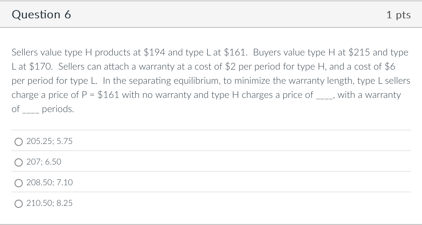 Solved Question 61 ﻿ptsSellers value type H ﻿products at | Chegg.com
