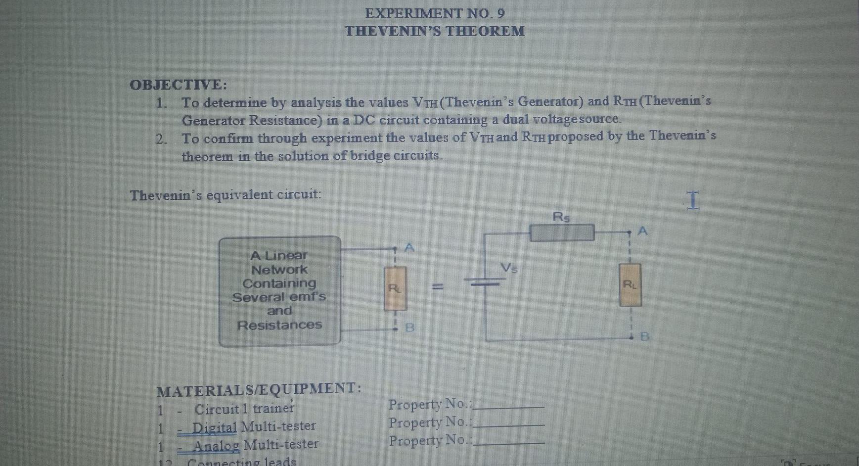 Solved EXPERIMENT NO.9 THEVENIN'S THEOREM OBJECTIVE: 1. To | Chegg.com