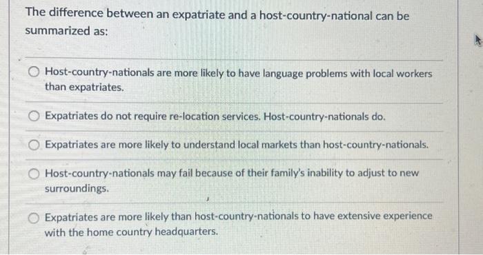 Solved The difference between an expatriate and a | Chegg.com