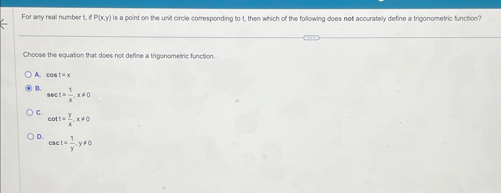 Solved For any real number t, ﻿if P(x,y) ﻿is a point on the | Chegg.com