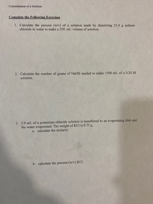 Solved Concentration of a Solution Complete the Following | Chegg.com
