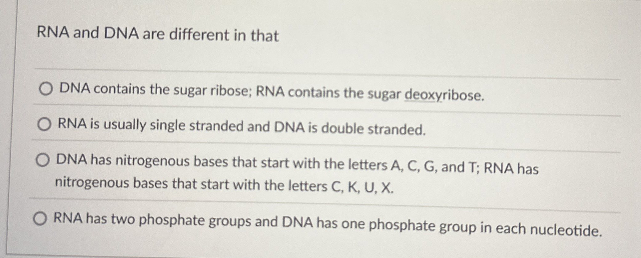 Solved RNA and DNA are different in thatDNA contains the | Chegg.com