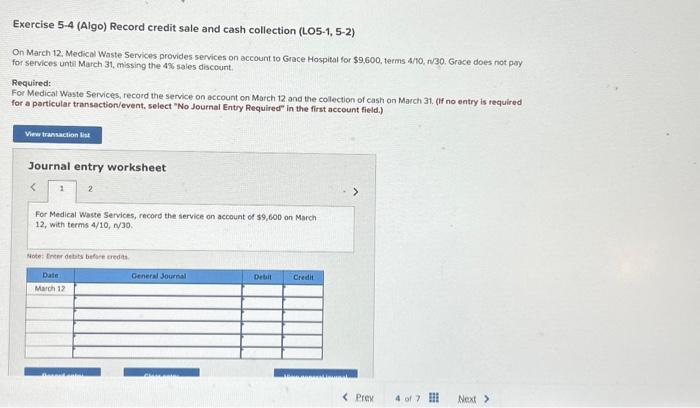 Solved Exercise 5-4 (Algo) Record credit sale and cash | Chegg.com