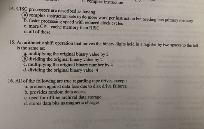 Solved d. complex instruction U 14. CISC processors are | Chegg.com