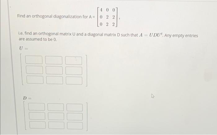 Solved 4 0 0] Find an orthogonal diagonalization for A = 0 2 | Chegg.com