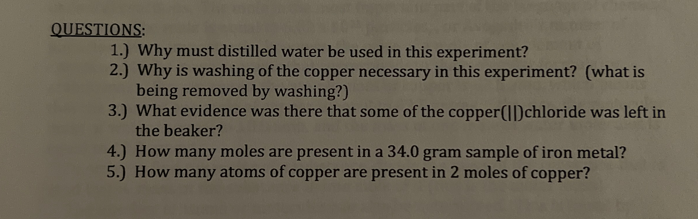 For the moles of iron and copper lab QUESTIONS:1.) | Chegg.com