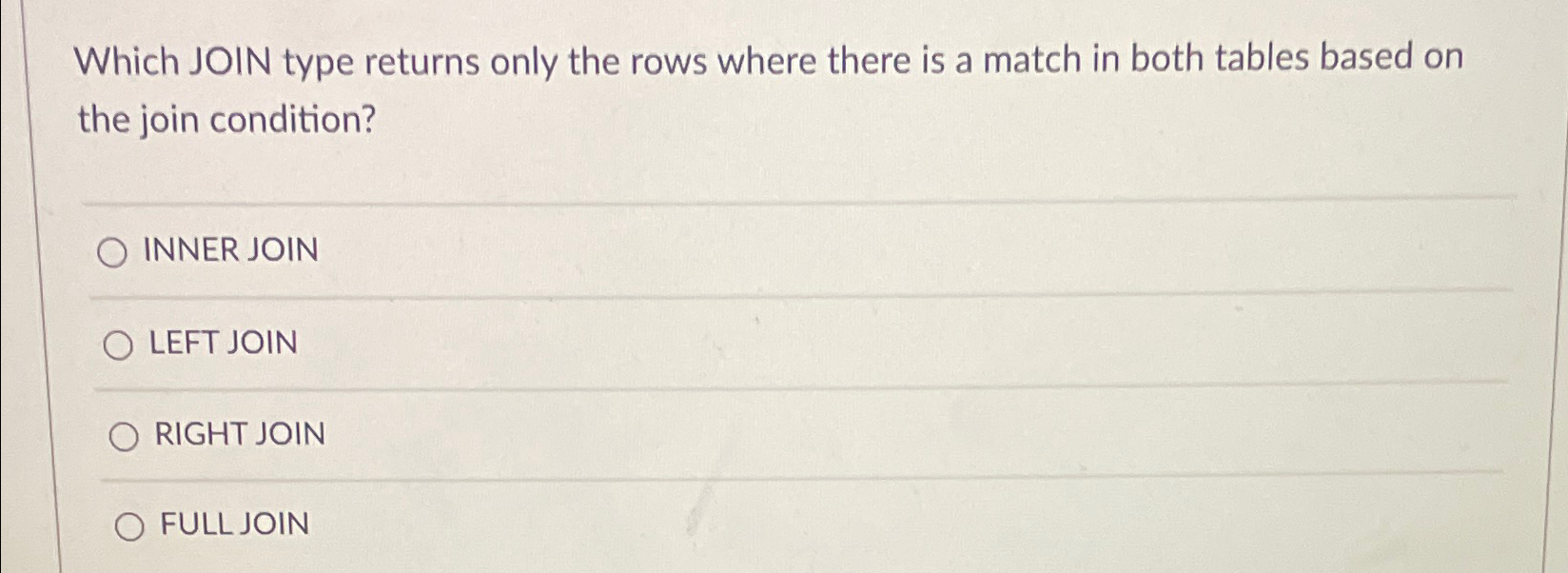 Solved Which JOIN type returns only the rows where there is | Chegg.com