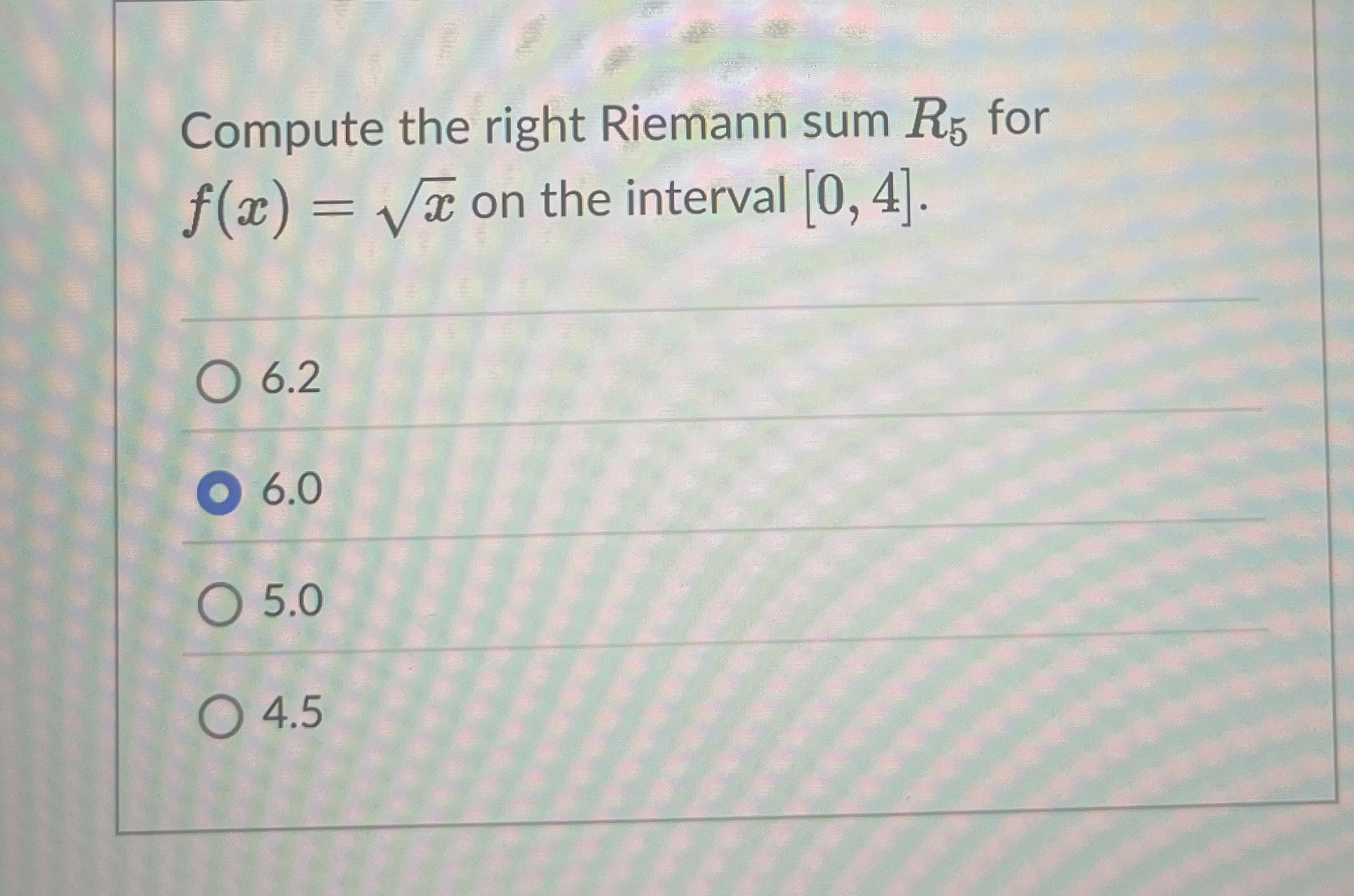 Solved Compute the right Riemann sum R5 ﻿for f(x)=x2 ﻿on the | Chegg.com