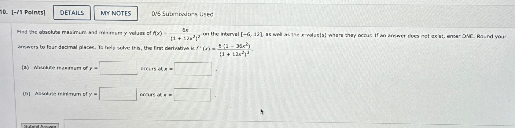 Solved [-/1 ﻿Points]0/6 ﻿Submissions Used answers to four | Chegg.com
