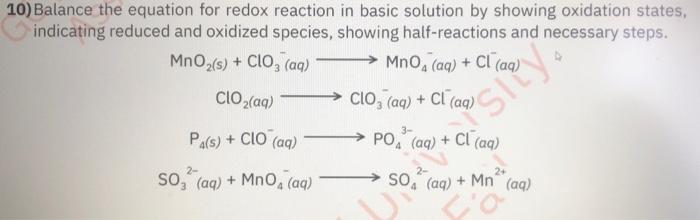Solved 10) Balance the equation for redox reaction in basic | Chegg.com