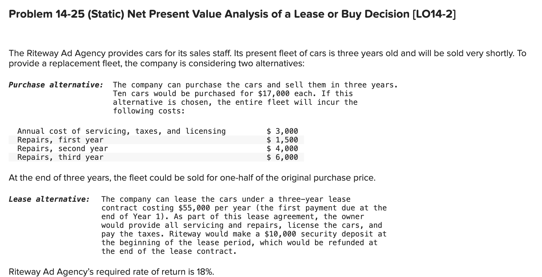 Solved Problem 14-25 (Static) ﻿Net Present Value Analysis of | Chegg.com