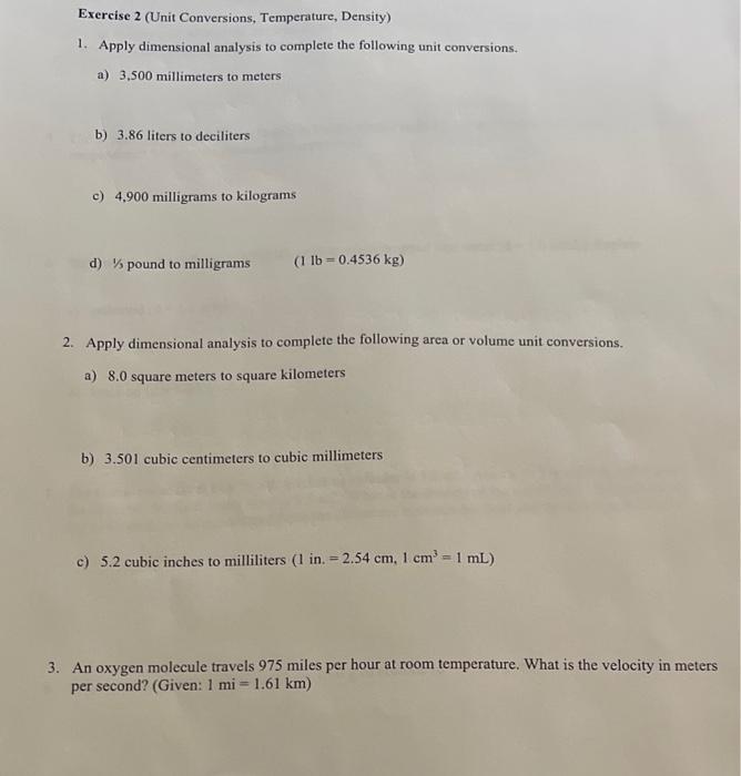 Solved Exercise 2 (Unit Conversions, Temperature, Density) | Chegg.com