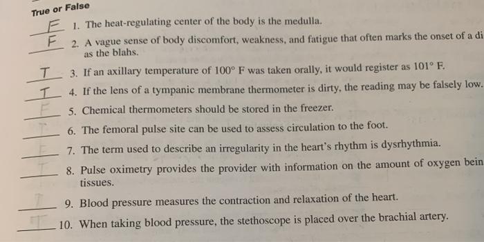 Solved True or False E 1. The heat-regulating center of the | Chegg.com