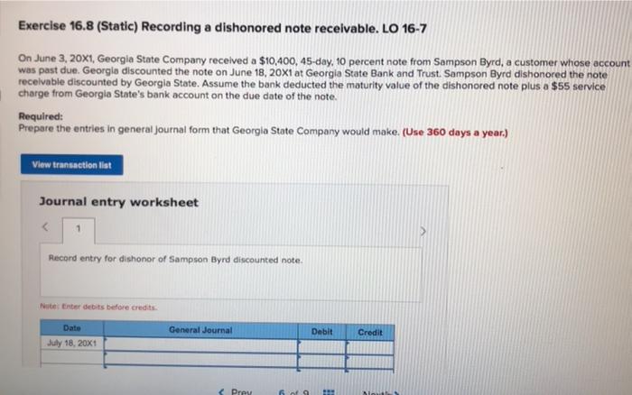 Solved Exercise 16.8 (Static) Recording a dishonored note | Chegg.com