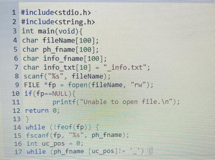 Solved info fname [uc_pos+1]= info txt [1]; it+; \} | Chegg.com