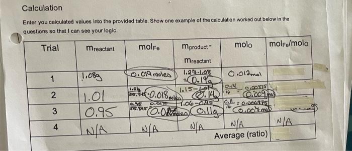 Calculation Enter you calculated values into the | Chegg.com