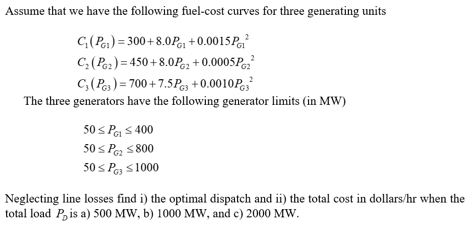 Solved Assume that we have the following fuel-cost curves | Chegg.com